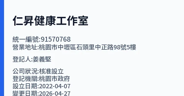 仁昇健康工作室的照片-統編 91570768(桃園市) 公司登記資料與營業項目詳細圖表