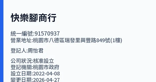 快樂腳商行的照片-統編 91570937(桃園市) 公司登記資料與營業項目詳細圖表