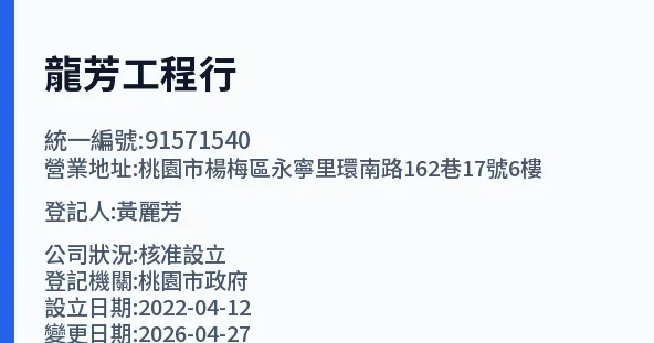 龍芳工程行的照片-統編 91571540(桃園市) 公司登記資料與營業項目詳細圖表