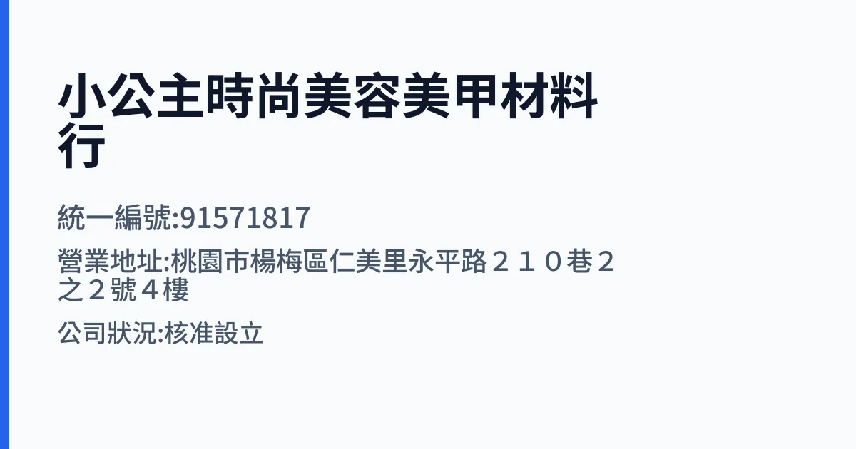小公主時尚美容美甲材料行 - 統編 91571817（桃園市） 公司登記資料與營業項目詳細圖表