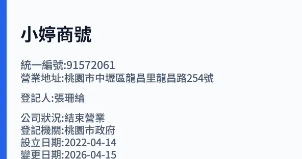 小婷商號的照片-統編 91572061(桃園市) 公司登記資料與營業項目詳細圖表