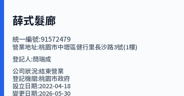 薛式髮廊的照片-統編 91572479(桃園市) 公司登記資料與營業項目詳細圖表