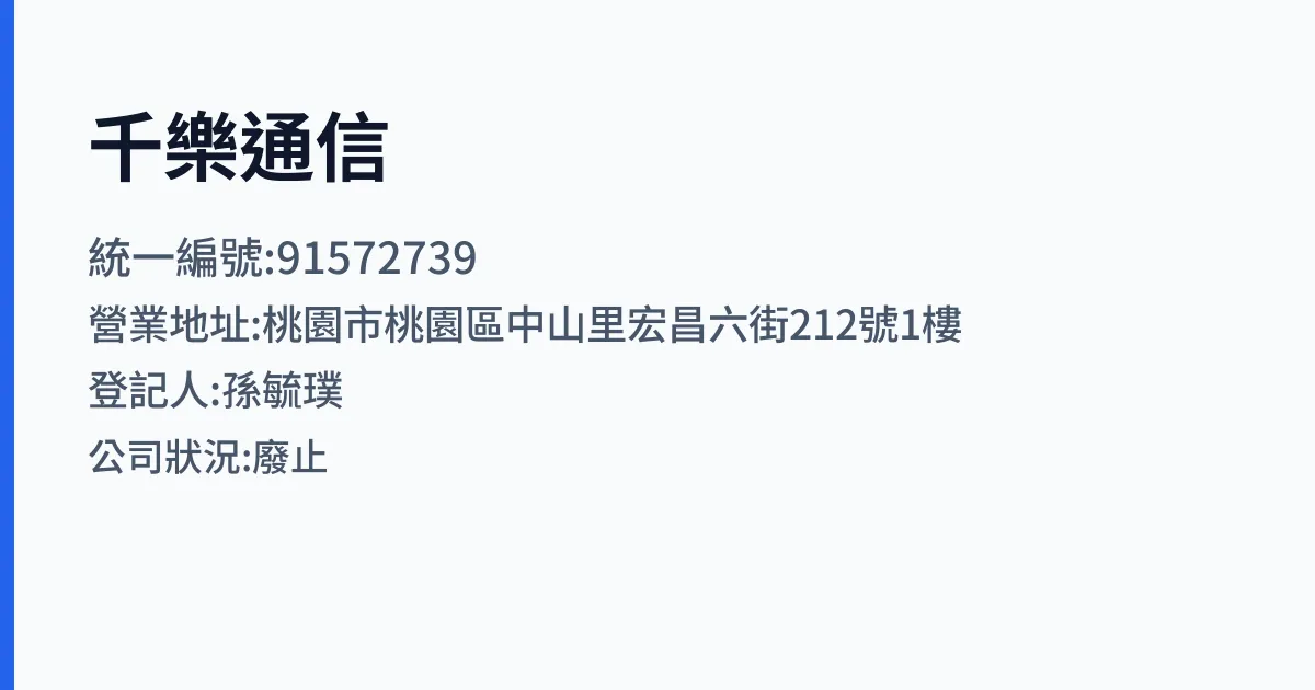 千樂通信 - 統編 91572739(桃園市) 公司登記資料與營業項目詳細圖表