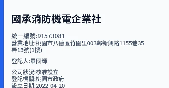 國承消防機電企業社的照片-統編 91573081(桃園市) 公司登記資料與營業項目詳細圖表