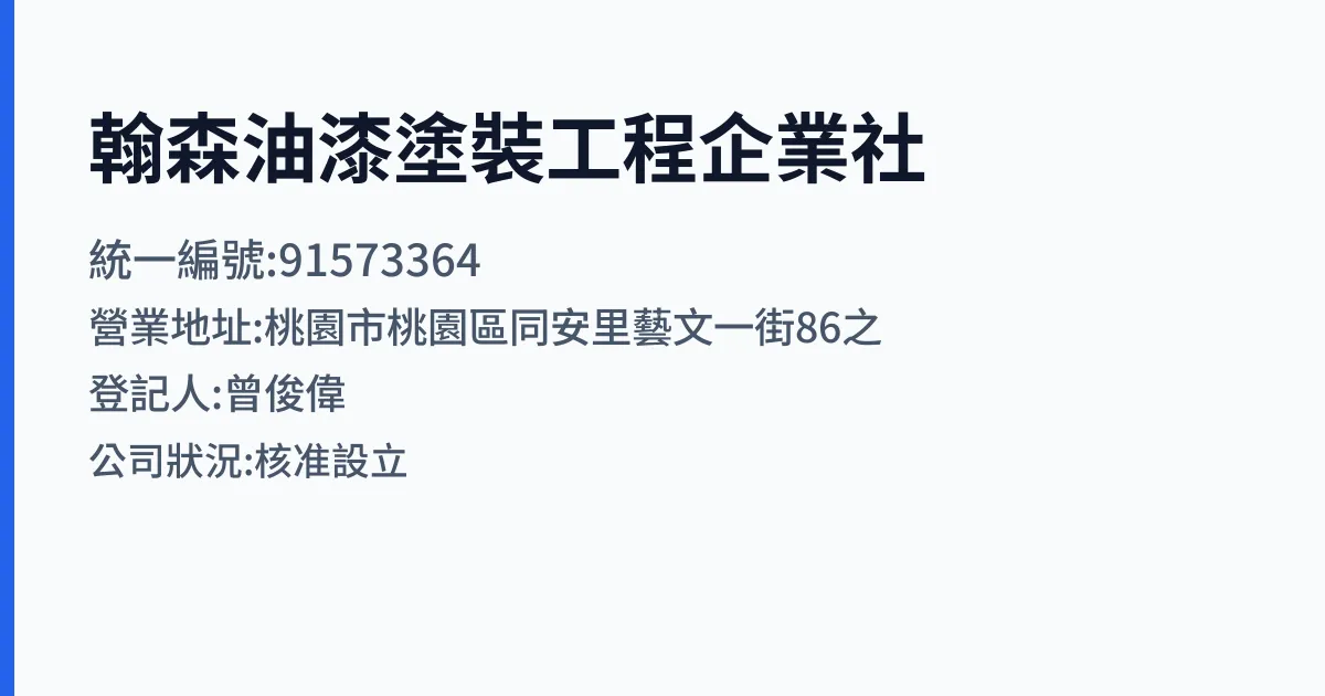 翰森油漆塗裝工程企業社 - 統編 91573364(桃園市) 公司登記資料與營業項目詳細圖表
