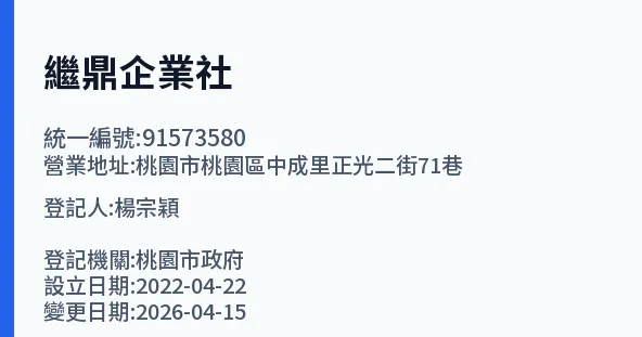 繼鼎企業社的照片-統編 91573580(桃園市) 公司登記資料與營業項目詳細圖表