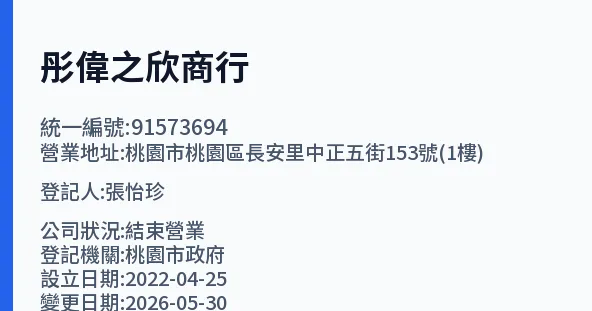 彤偉之欣商行的照片-統編 91573694(桃園市) 公司登記資料與營業項目詳細圖表