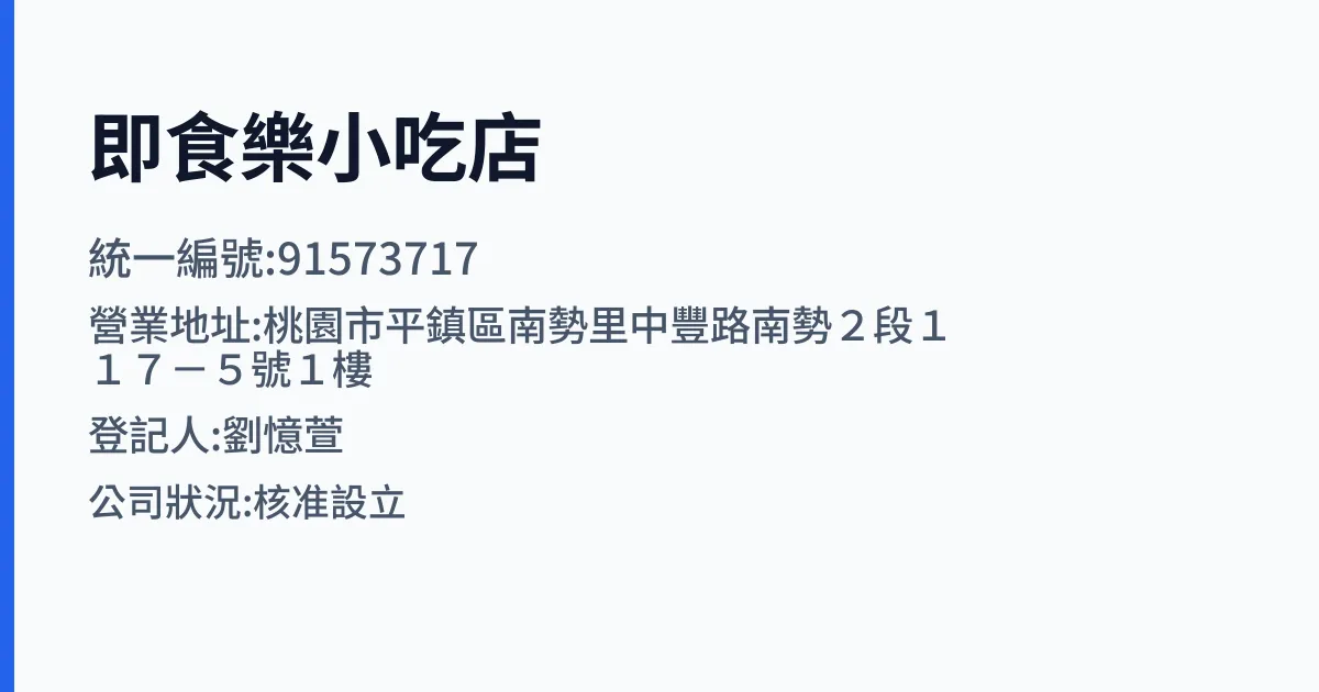即食樂小吃店 - 統編 91573717(桃園市) 公司登記資料與營業項目詳細圖表