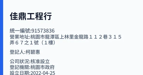 佳鼎工程行的照片-統編 91573836(桃園市) 公司登記資料與營業項目詳細圖表