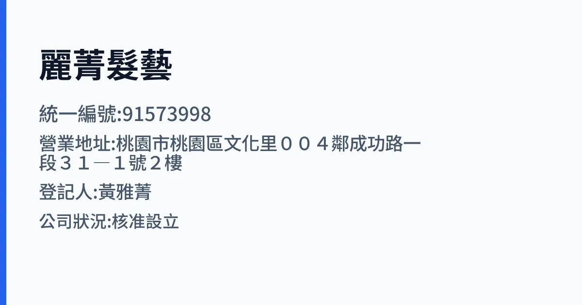 麗菁髮藝 - 統編 91573998(桃園市) 公司登記資料與營業項目詳細圖表