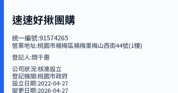 速速好揪團購的照片-統編 91574265(桃園市) 公司登記資料與營業項目詳細圖表