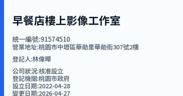 早餐店樓上影像工作室的照片-統編 91574510(桃園市) 公司登記資料與營業項目詳細圖表