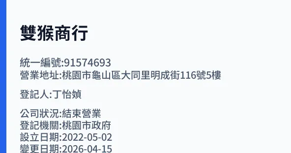 雙猴商行的照片-統編 91574693(桃園市) 公司登記資料與營業項目詳細圖表