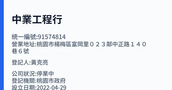 中業工程行的照片-統編 91574814(桃園市) 公司登記資料與營業項目詳細圖表
