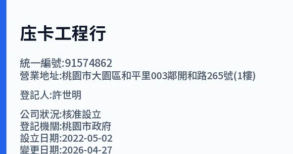 庒卡工程行的照片-統編 91574862(桃園市) 公司登記資料與營業項目詳細圖表