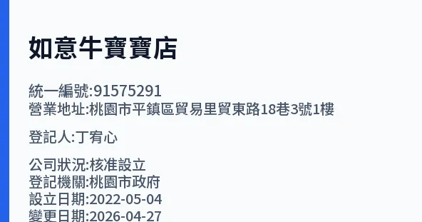 如意牛寶寶店的照片-統編 91575291(桃園市) 公司登記資料與營業項目詳細圖表