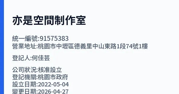 亦是空間制作室的照片-統編 91575383(桃園市) 公司登記資料與營業項目詳細圖表