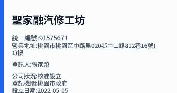 聖家融汽修工坊的照片-統編 91575671(桃園市) 公司登記資料與營業項目詳細圖表