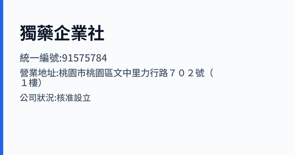 獨藥企業社 - 統編 91575784(桃園市) 公司登記資料與營業項目詳細圖表