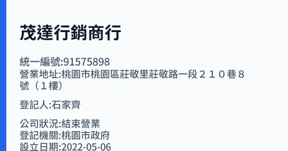 茂達行銷商行的照片-統編 91575898(桃園市) 公司登記資料與營業項目詳細圖表