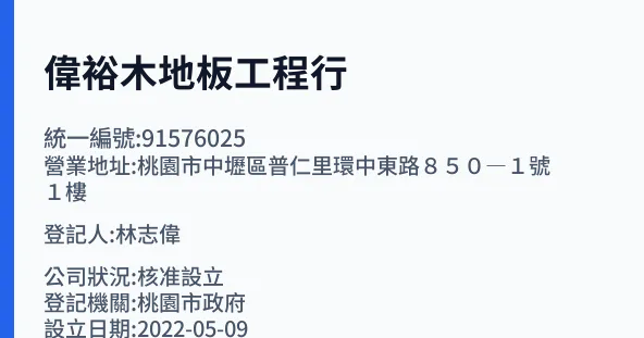 偉裕木地板工程行的照片-統編 91576025(桃園市) 公司登記資料與營業項目詳細圖表