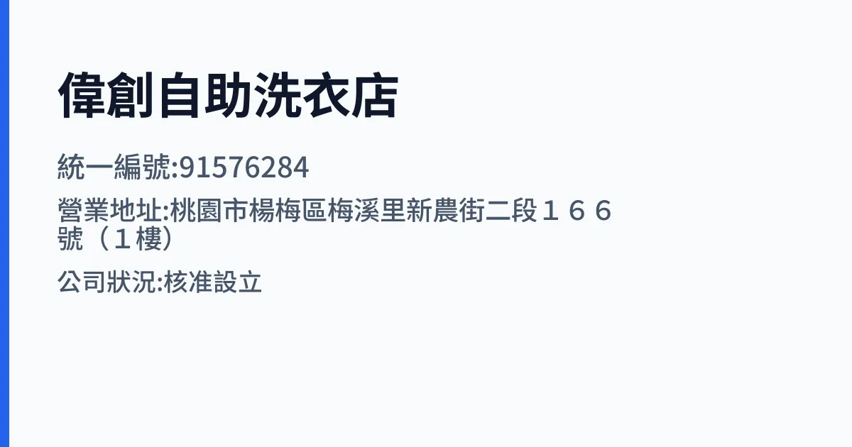 偉創自助洗衣店 - 統編 91576284(桃園市) 公司登記資料與營業項目詳細圖表