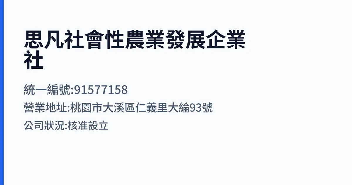思凡社會性農業發展企業社 - 統編 91577158(桃園市) 公司登記資料與營業項目詳細圖表