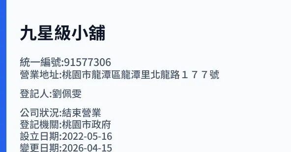 九星級小舖的照片-統編 91577306(桃園市) 公司登記資料與營業項目詳細圖表