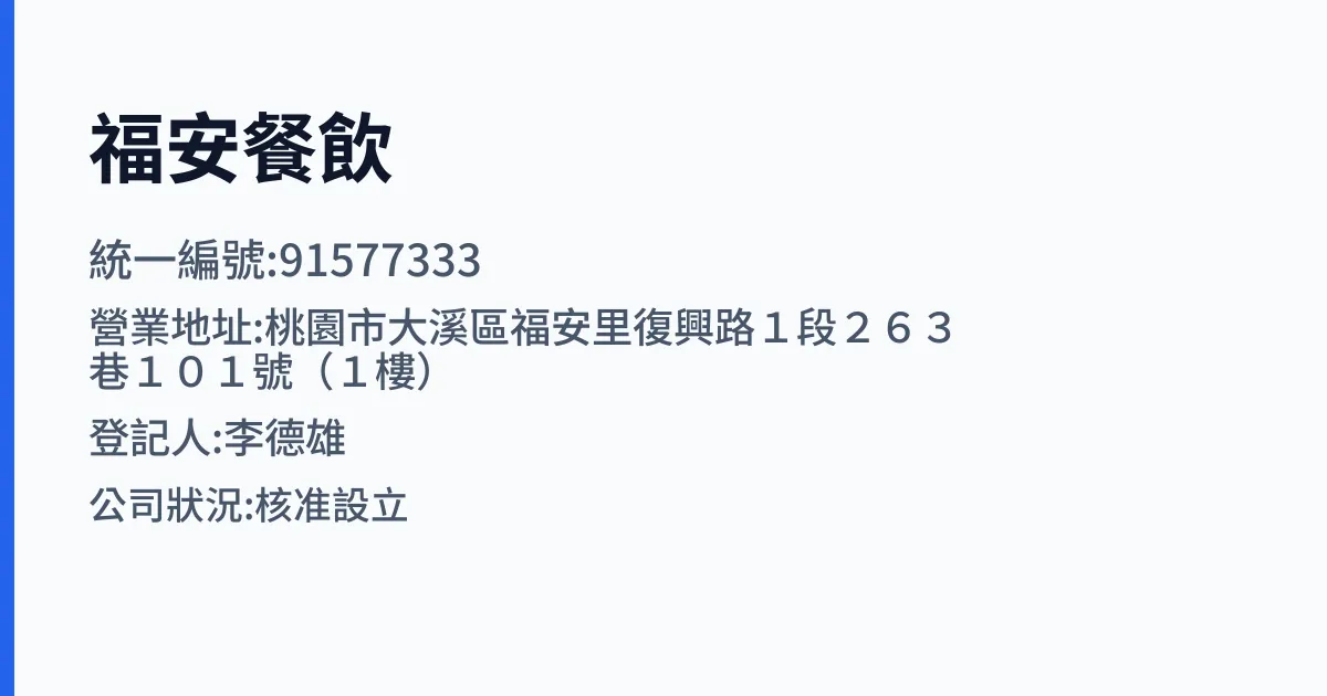 福安餐飲 - 統編 91577333(桃園市) 公司登記資料與營業項目詳細圖表