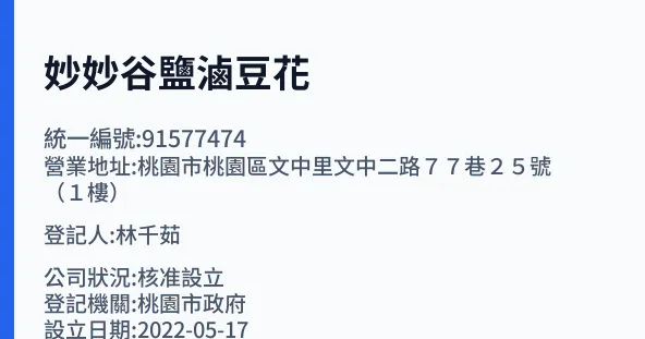妙妙谷鹽滷豆花的照片-統編 91577474(桃園市) 公司登記資料與營業項目詳細圖表