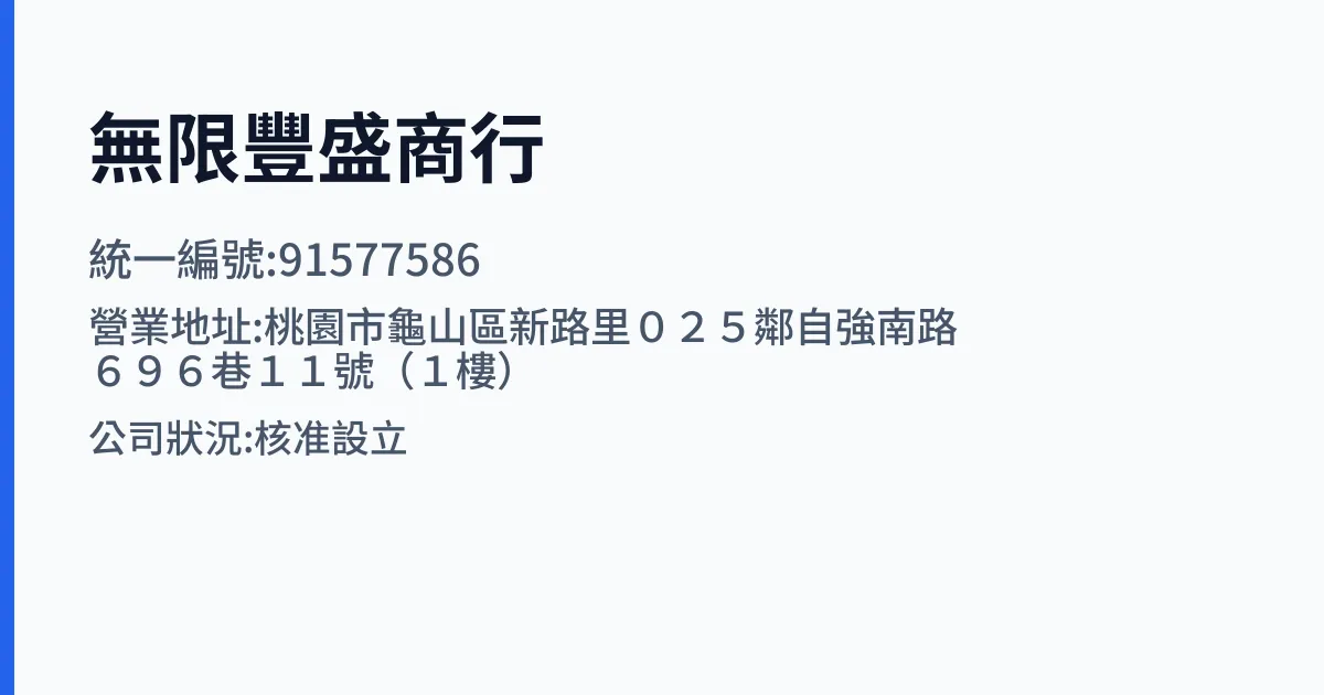 無限豐盛商行 - 統編 91577586(桃園市) 公司登記資料與營業項目詳細圖表