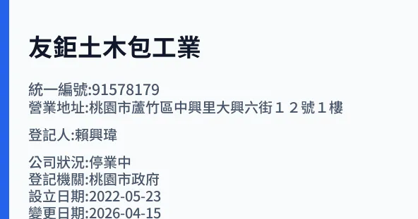 友鉅土木包工業的照片-統編 91578179(桃園市) 公司登記資料與營業項目詳細圖表
