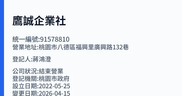 鷹誠企業社的照片-統編 91578810(桃園市) 公司登記資料與營業項目詳細圖表