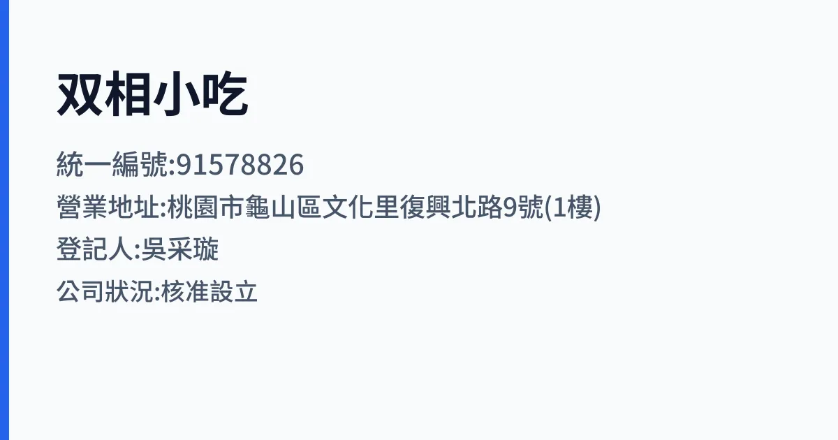 双相小吃 - 統編 91578826(桃園市) 公司登記資料與營業項目詳細圖表
