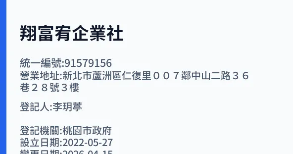 翔富宥企業社的照片-統編 91579156(新北市) 公司登記資料與營業項目詳細圖表
