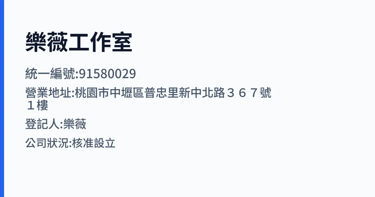 樂薇工作室 - 統編 91580029(桃園市) 公司登記資料與營業項目詳細圖表