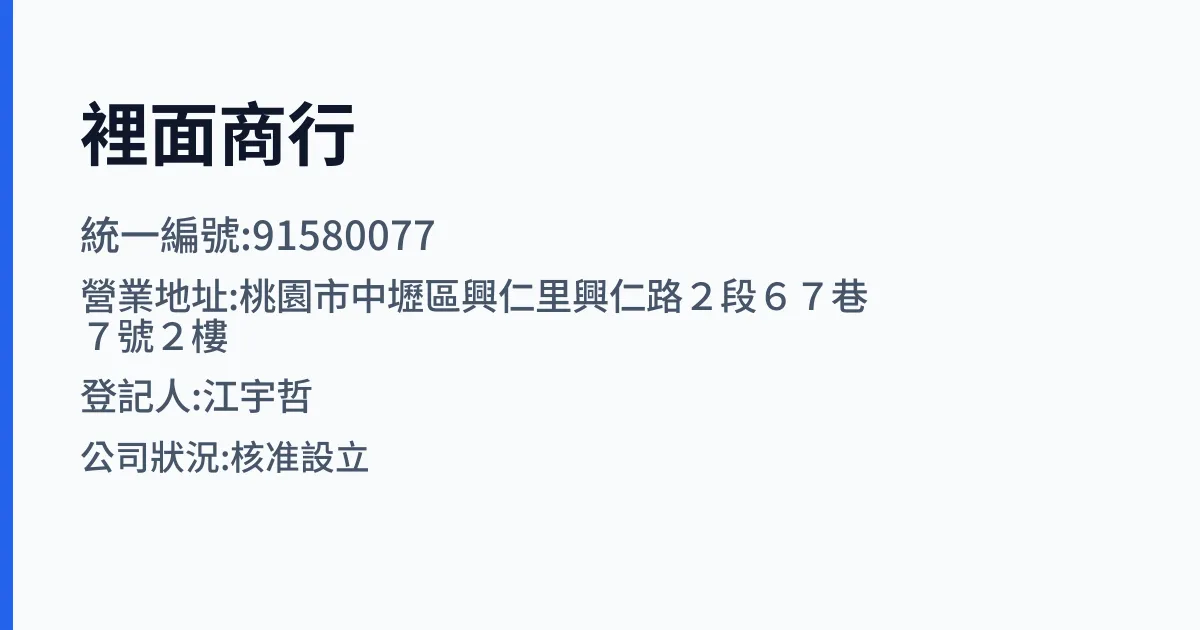 裡面商行 - 統編 91580077(桃園市) 公司登記資料與營業項目詳細圖表
