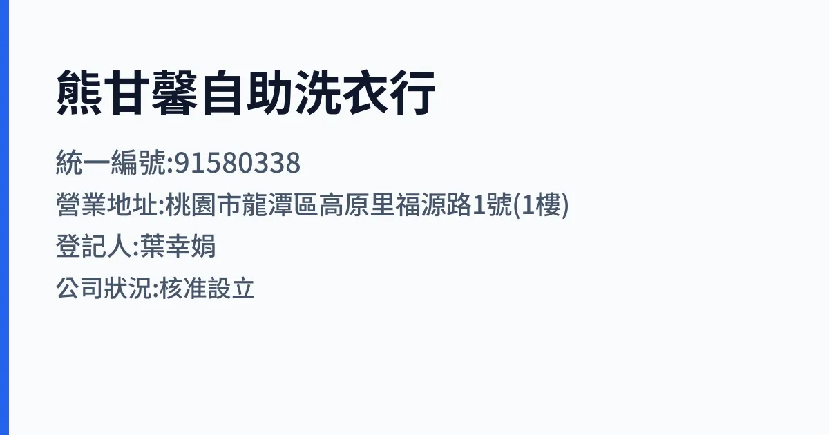 熊甘馨自助洗衣行 - 統編 91580338(桃園市) 公司登記資料與營業項目詳細圖表