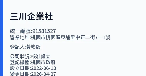 三川企業社的照片-統編 91581527(桃園市) 公司登記資料與營業項目詳細圖表