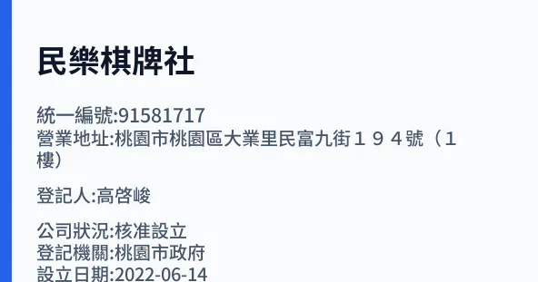 民樂棋牌社的照片-統編 91581717(桃園市) 公司登記資料與營業項目詳細圖表