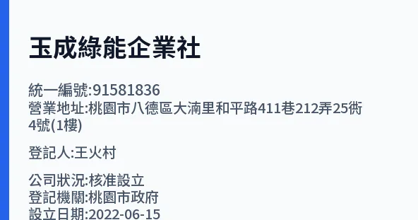 玉成綠能企業社的照片-統編 91581836(桃園市) 公司登記資料與營業項目詳細圖表