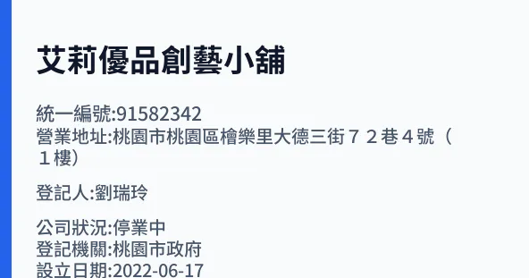 艾莉優品創藝小舖的照片-統編 91582342(桃園市) 公司登記資料與營業項目詳細圖表