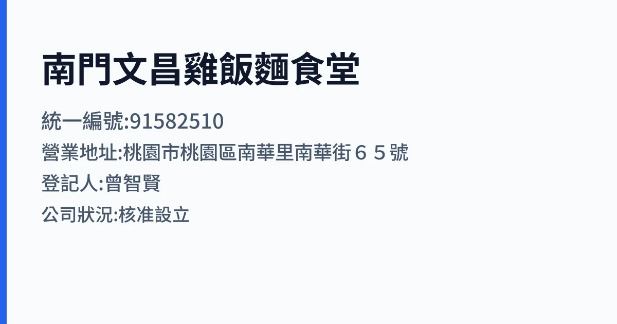 南門文昌雞飯麵食堂 - 統編 91582510(桃園市) 公司登記資料與營業項目詳細圖表