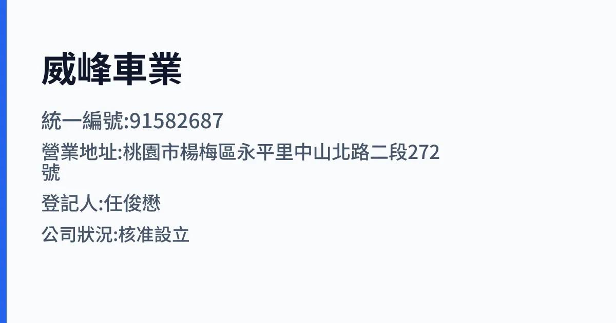 威峰車業 - 統編 91582687(桃園市) 公司登記資料與營業項目詳細圖表