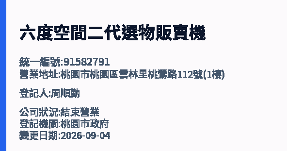 六度空間二代選物販賣機的照片-統編 91582791(桃園市) 公司登記資料與營業項目詳細圖表