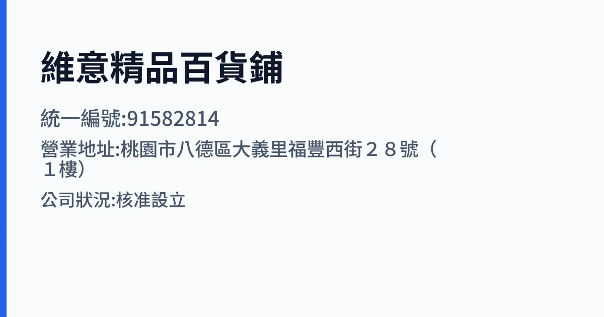 維意精品百貨鋪 - 統編 91582814(桃園市) 公司登記資料與營業項目詳細圖表