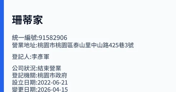 珊蒂家的照片-統編 91582906(桃園市) 公司登記資料與營業項目詳細圖表