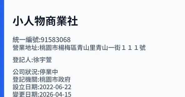 小人物商業社的照片-統編 91583068(桃園市) 公司登記資料與營業項目詳細圖表