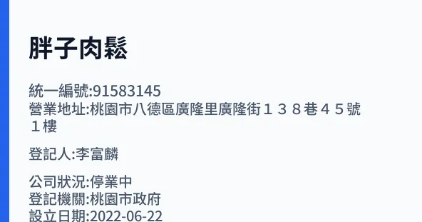 胖子肉鬆的照片-統編 91583145(桃園市) 公司登記資料與營業項目詳細圖表
