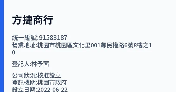 方捷商行的照片-統編 91583187(桃園市) 公司登記資料與營業項目詳細圖表